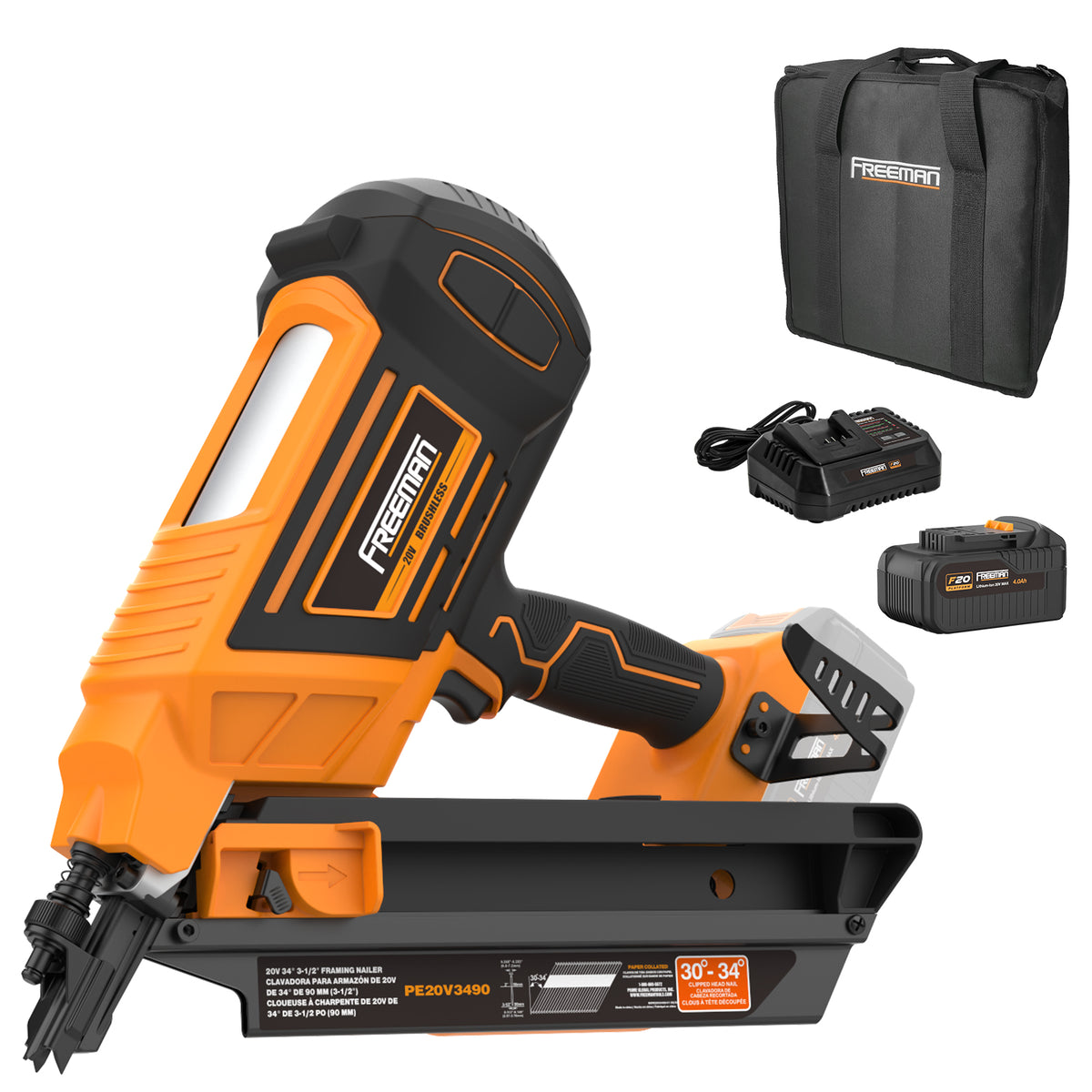 20V Cordless and Brushless 34 Degree 3-1/2" Framing Nailer Kit ...